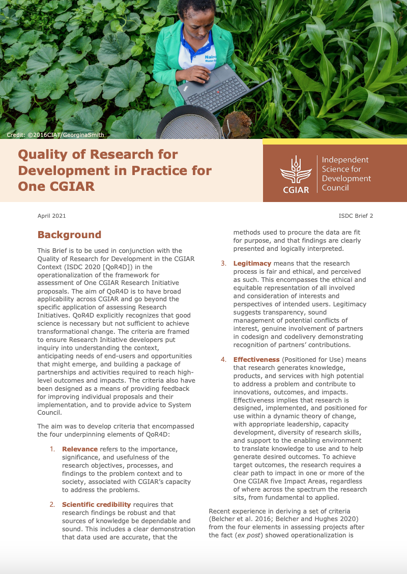 Quality of Research for Development in Practice for One CGIAR | IAES | CGIAR Independent ...